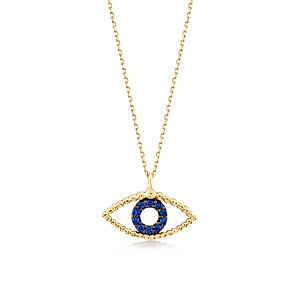 14k Solid Gold Open Evil Eye Necklace | 14k Yellow Gold Blue Necklaces for Women | Eye Shaped Pendant Necklace | Delicate Protection Jewelry | Gifts for Birthday, 18"