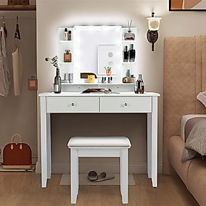 AODAILIHB Vanity Desk with Mirror and Lights, 35" Makeup Vanity Dressing Table with Vanity Stool/2 Drawers/Open Shelves/3 Color Lighting Modes & Brightness Bedroom Furniture (White)