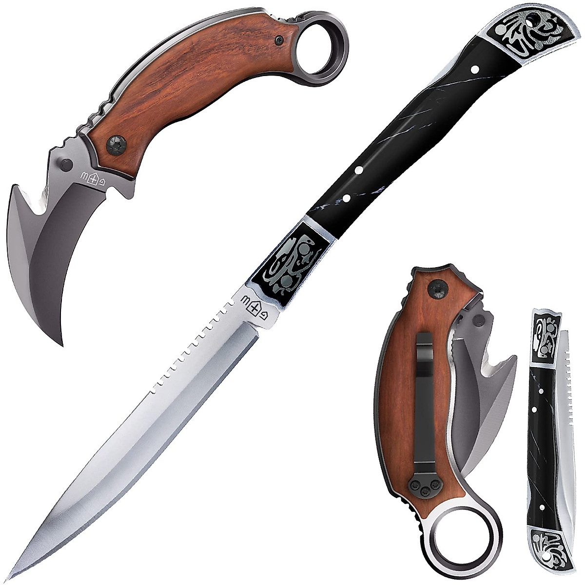 Bundle of 2 Items - Karambit Knife - Karambit Folding Knife - Folding Karambit Knives - CSGO Raptor Claw Knifes Wood Handle with Clip Pocket Krambite - Pocket Knife for Urban Work Hobby Unboxing