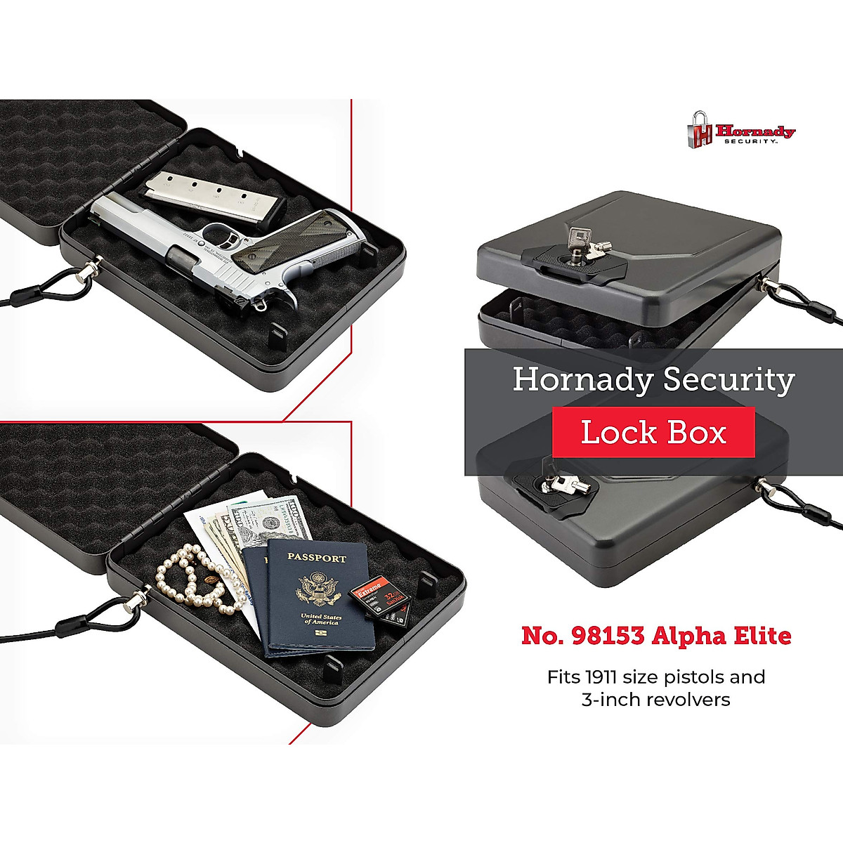 Hornady Alpha Elite Portable Lock Box for Guns and Valuables – Includes 2 Keys and 4 Foot Steel Cable – Thick 16-Gauge Steel, An Ideal Car Lock Box or Truck Safe – Black, 10.25 x 8 x 2.75 Inches