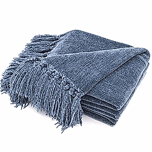 RECYCO Throw Blanket Soft Cozy Chenille Throw Blanket with Fringe Tassel for Couch Sofa Chair Bed Living Room Gift (Dusty Blue, 50'' x 60'')