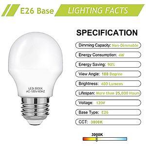 WELLHOME A15 LED Bulbs, 40W Eqv. E26 Base Bulb， 4W, Soft White 3000K, for Home & Ceiling Fans，Non-Dimmable，6-Pack.