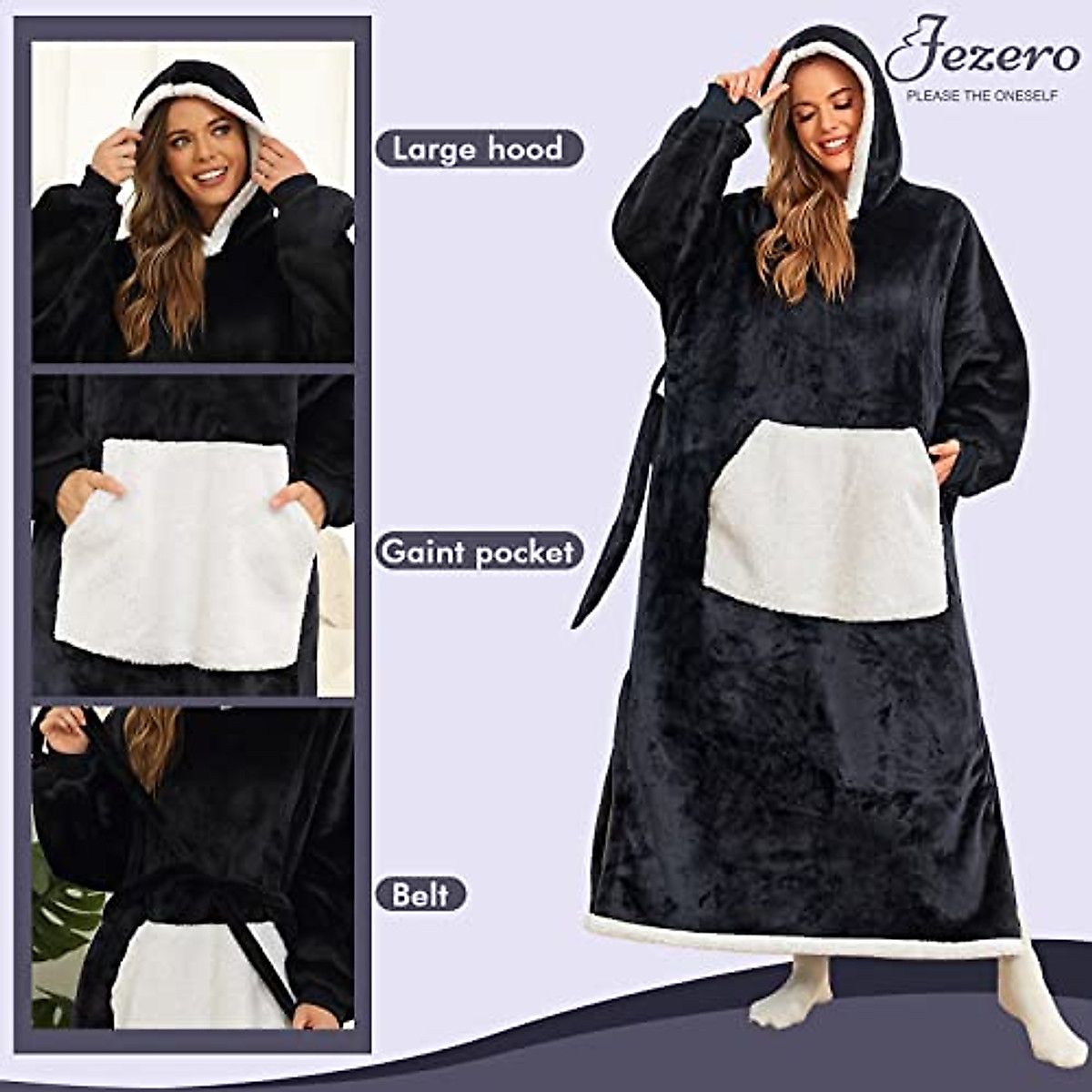 Jezero Wearable Blanket Hoodie Oversized, Flannel Sherpa Fleece Blanket Sweatshirt for Adults Women Men with Hood, Belt, Pocket & Sleeves, One Size Fits All