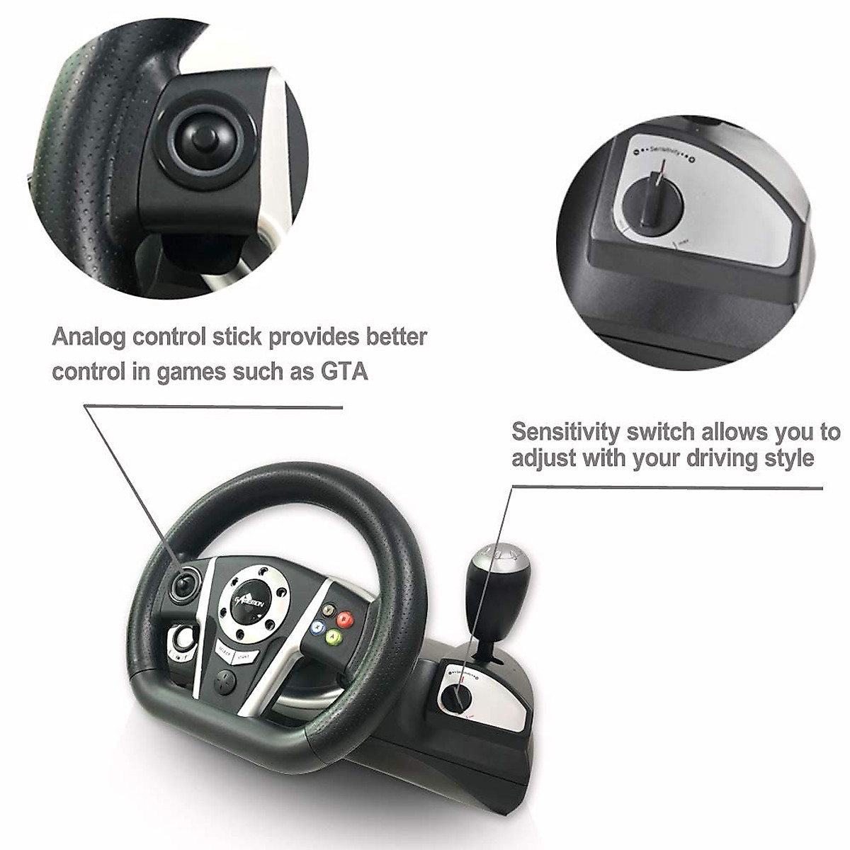 GAMEMON Racing Wheel Compatible With Xbox one Xbox360 PS4 PS3Nintendo Switch PC-USB Android With Gear and Pedal
