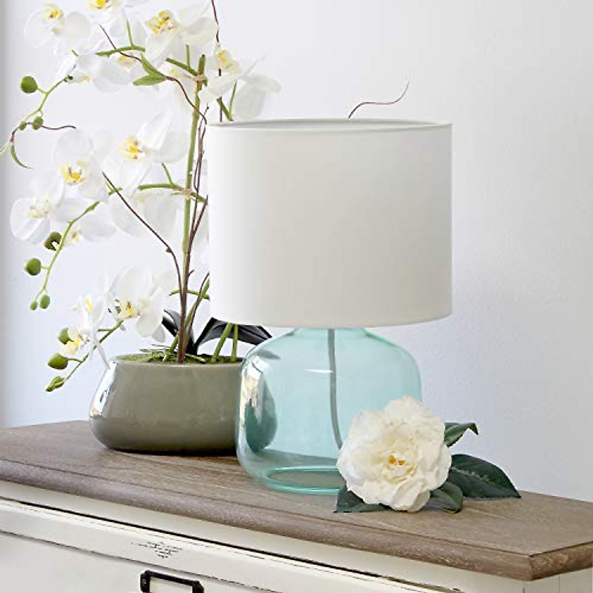 Simple Designs LT2064-AOW Aqua Glass Table Lamp with White Fabric Shade