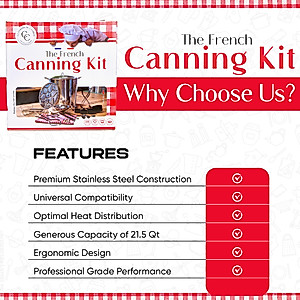 Canning pot with rack and lid - Water bath canner for canning - Complete premium canning kit with large Pot 21.5 Qt in stainless steel 304 - The French canning kit by La Cuisine de Camille
