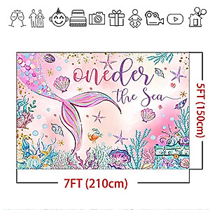 Mocsicka Oneder The Sea 1st Birthday Backdrop 7x5ft Pink Mermaid Under The Sea Happy First Birthday Party Decorations for Girls Starfish Shell Seaweed Photography Background