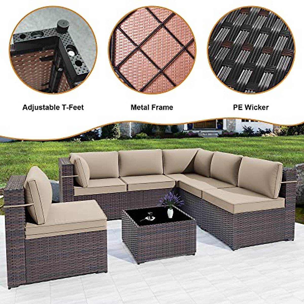 Piltwoff 7 Pieces Wicker Patio Conversation Sets,Modern Outdoor Sectional Furniture Patio Sets All-Weather for Backyard, Balcony(Brown)