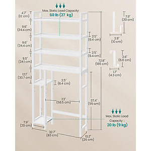 SONGMICS Over The Toilet Storage Shelf with Toilet Paper Holder, Bamboo Bathroom Organizer with Adjustable Shelves, 10.2 x 32.7 x 72.8 Inches, 4 Hooks, Storage Rack, Cloud White UBTS017W01