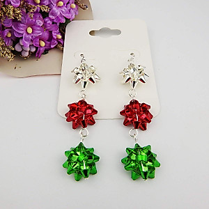 Christmas Bows Flower Piercing Dangle Earrings Red Green White Silver Plated Women Holiday