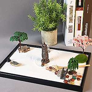 14" x 10" Large Japanese Zen Garden for Desk - Zen Garden Kit with 25+ Accessories - Sand Garden Decoration Included Sand Tray,Zen Garden Rake, Trees,Incense Burner,Door,Well,Bridge Zen Gifts Women