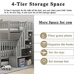 Baysitone Bunk Bed, Bunk Beds Twin Over Full Size, Bunk Bed with Trundle and Stairs, Solid Wood Bunk Bed Frame with 4 Storage for Kids, Girls, Boys, Toddler, No Box Spring Needed (Gray)