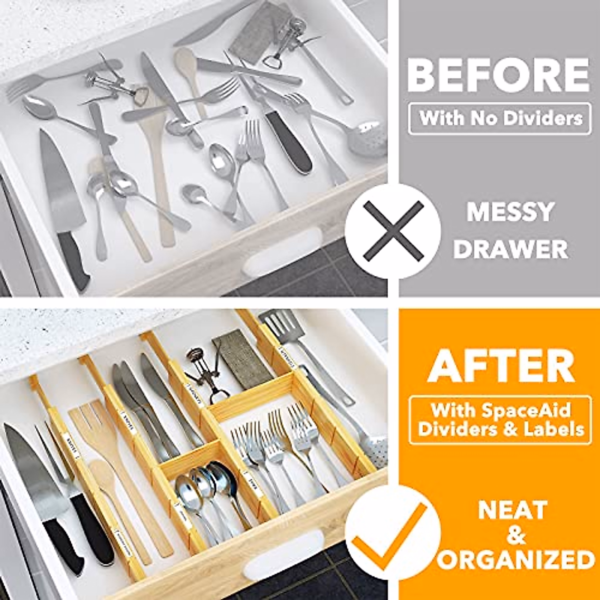 SpaceAid Bamboo Drawer Dividers with Inserts and Labels, 6 Dividers with 12 Inserts (17-22 in), 4 Dividers with 9 Inserts (17-22 in)