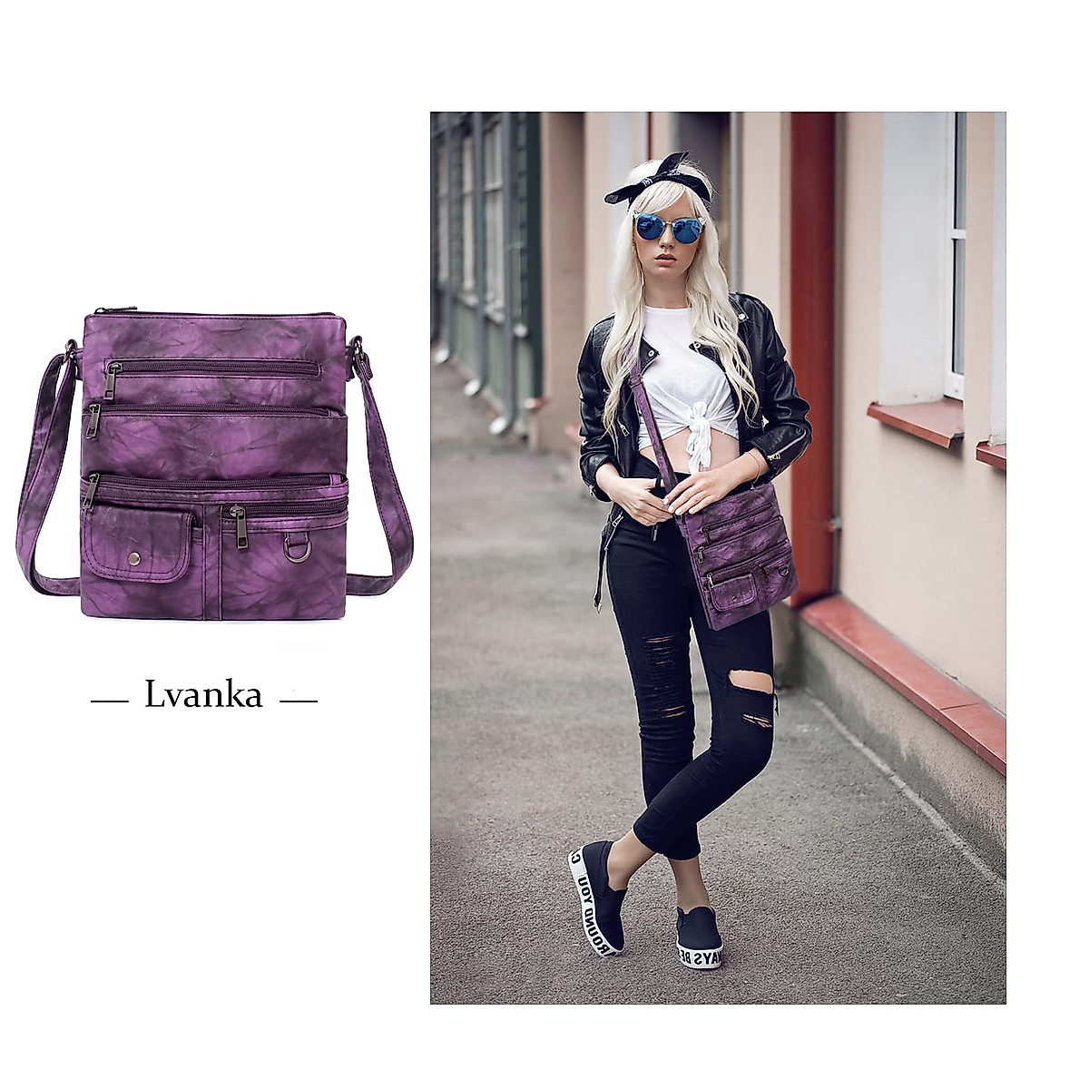 Crossbody Purses for Women Double Zipper Pockets Soft Vegan Leather Shoulder Bag with Adjustable Strap (Purple)