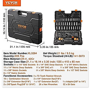 VEVOR Mechanics Tool Set, 205 Pcs SAE and Metric Sockets, 1/4" 3/8" 1/2" Drive Deep and Standard Sockets, Chrome Vanadium Steel, Polyethylene