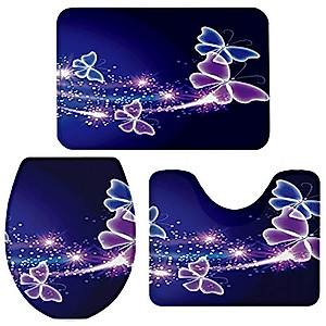 Libaoge Bathroom Mat Sets 3 Piece/Set Rugs Purple Dreamlike Bath Mat, Gorgeous Butterfly Flying Memory Foam Mat Set Matches Anti-Skid Toilet Seat Cover Bath Mat Lid Cover 18"x30"+14"x18"+15"x18"