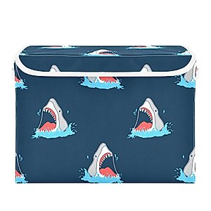VIGTRO Large Collapsible Storage Bins with Lids Hand Drawn Shark, Summer Storage Baskets Organizer Containers with Handles for Home Bedroom Office
