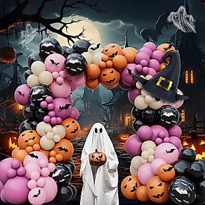 196Pcs Halloween Balloons Garland Arch Kit with Spider Ghosts Foil Balloons Pink Black Orange Sand White Balloons for Kids Halloween Spooky Costume Party Decorations
