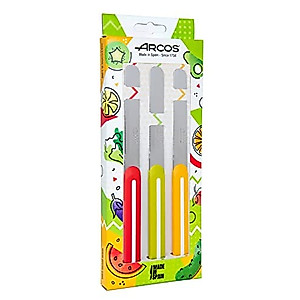 ARCOS Paring Knife Set of 3 Pieces 4 Inch Stainless Steel. Colorful Kitchen Knives for Peeling Fruits and Vegetables. Ergonomic Polypropylene Handle. Serie B-Line. Color Orange, Red and Green.