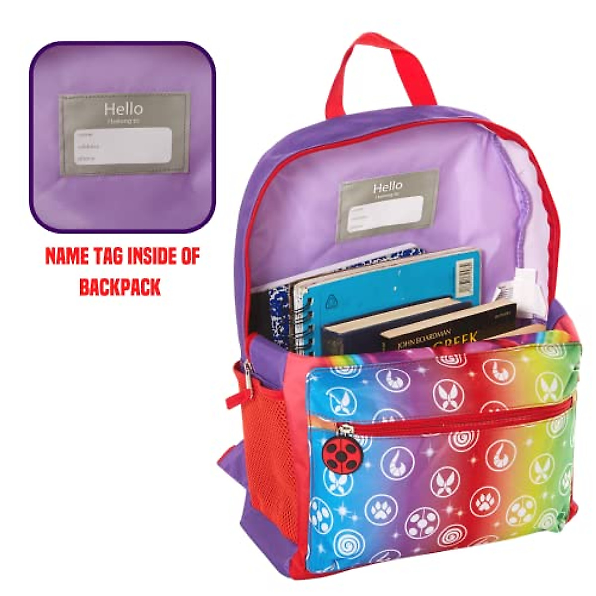 Miraculous Ladybug Backpack Set with Lunch Bag for Girls, 16 inch, 5 Piece Value Set, Rainbow