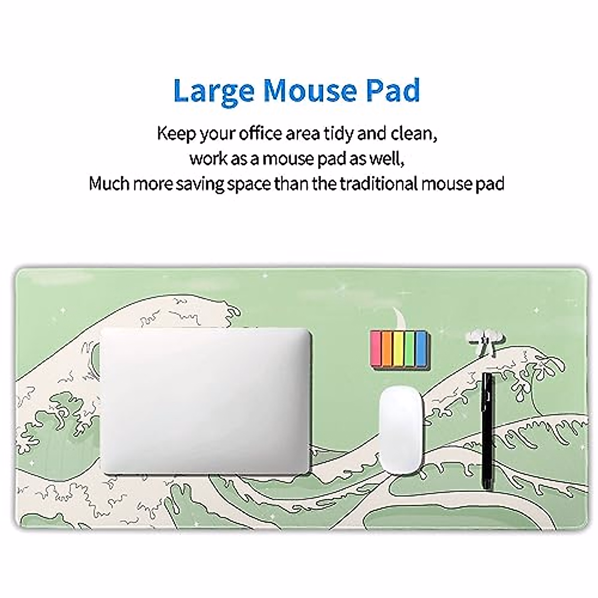 Matcha Green White Japanese Anime Gaming Mouse Pad XXL Cute Kawaii Sage Aesthetic Sea Wave Extended Large Desk Mat Non-Slip Rubber Base Stitched Edge Keyboard Mousepad for PC Laptop,35.4×15.7 in