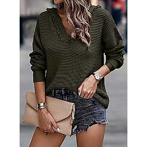 Dokotoo Fall Sweaters for Women 2023 V Neck Ribbed Knit Jumper Pullovers Solid Color Oversized Long Sleeve Drop Shoulders Hoodies Casual Frayed Edges Hooded Sweater Tops Green M
