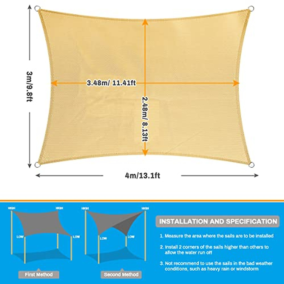 Sun Sail Shades Rectangular Waterproof, Jhua 9.8 x 13.1ft Sun Shade Sail Rectangle 160GSM UV Block Sail Canopy for Patio Backyard Lawn Garden Deck Sand, Outdoor Activities