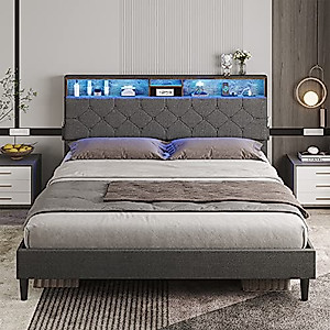 ADORNEVE Queen Bed Frame with LED Lights Headboard, Platform Bed Frame with Outlets and USB Ports, LED Bed Frame with Storage, Diamond Stitched Button Tufted Design, Easy Assembly, Dark Grey