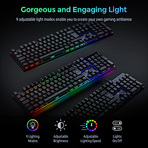 Mechanical Gaming Keyboard Full Size, Bllean LED Rainbow Backlit Ultra-Slim Wired Keyboard with Blue Switches, Full-Key Rollover, Ergonomic Water-Resistant USB Keyboard for Windows Mac Gaming