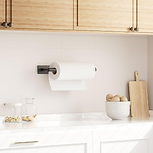 Paper Towel Holder Under Cabinet - 1 Pack Matte Black, Self-Adhesive or Drilling Mount, Sturdy Stainless Steel Space-Saving Rack for Kitchen, Bathroom, RV, Rental-Friendly Design