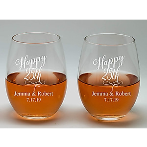 Krezy Case 25th Anniversary Couple wine glasses,20oz Etched Stemless Wine Glasses for Couples, Perfect Engagement Wine Glasses,Bridal shower Wine Glasses, Anniversary Wine Glasses