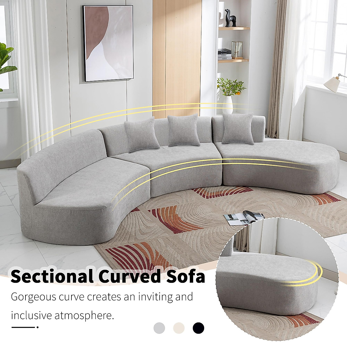 Merax Stylish Curved Sectional Sofa with Three Throw Pillows, Chenille Upholstered Modular Sleeper Couch for Living Room, Bedroom, Guest Rooms, No Assembly Required, Grey