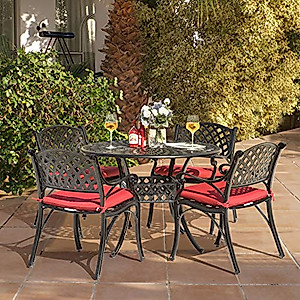 Nuu Garden 5 Pieces Outdoor Patio Dining Sets with Cushions, Cast Aluminum Round Outdoor Conversation Furniture Set for Balcony, Black with Antique Bronze at The Edge, Red