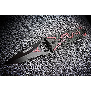 Tac-Force- Spring Assisted Folding Pocket Knife – Black Partially Serrated Blade, Black Aluminum Handle w/ Red Dragon Design, Glass Punch and Pocket Clip, Tactical, EDC, Rescue - TF-707RD