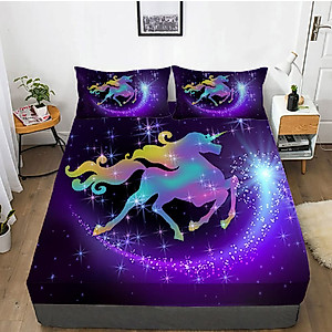 Mkikejoy Dreamy Unicorn Full Size Sheet Sets for Girls Fitted Sheet and Pillowcase Unicorn Stars Fitted Sheet Set Kids Teens 3 Piece Bedroom Decorative