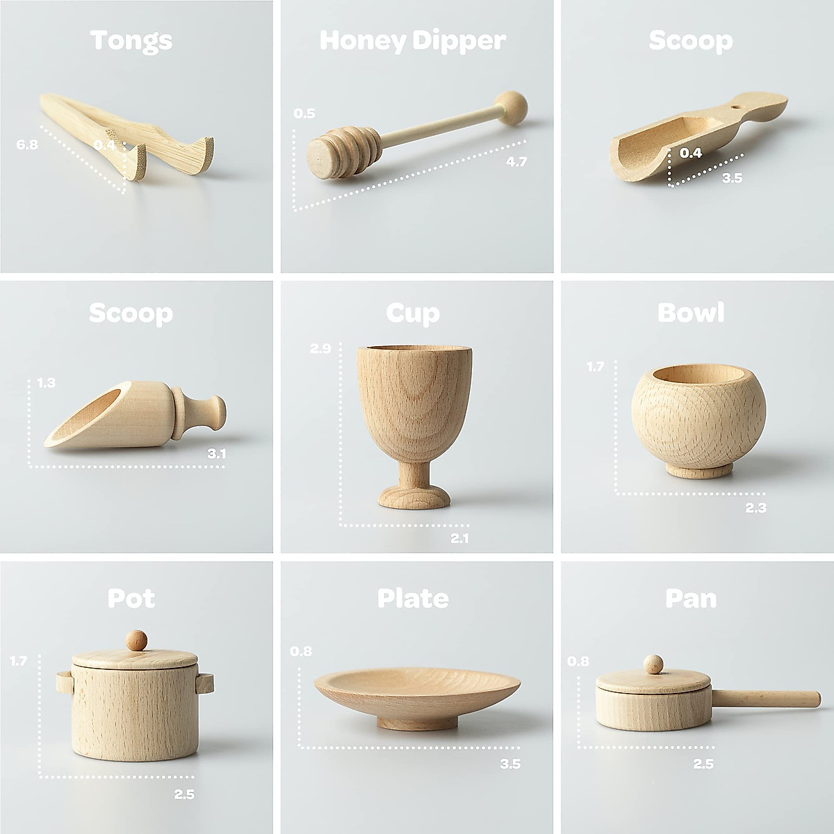 Blue Ginkgo Sensory Bin Tools – Montessori Fine Motor Skills Learning Set for Toddlers and Kids Pretend Play [9 PC] Kitchen Wooden Set with Scoops, Bamboo Tongs