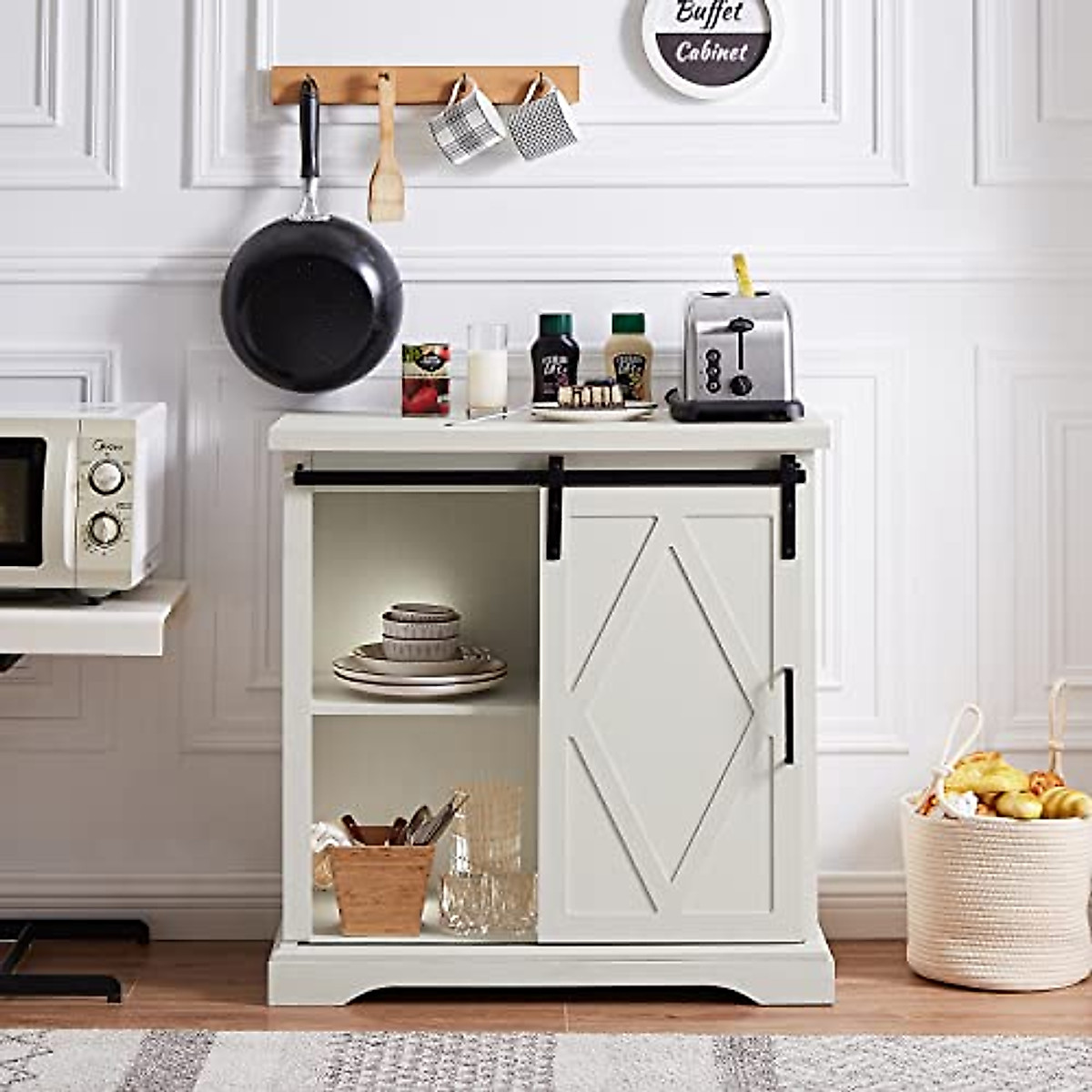 Okvnbjk Buffet Cabinet with Storage, Farmhouse Coffee Bar Cabinet, 32in Sideboard Accent Cabinet with Sliding Barn Door, Buffets & Sideboards for Kitchen Living Room (White)
