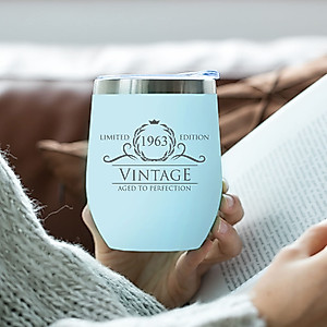 60th Birthday Gifts for Women - 1963, 12 oz Seaside Stemless Wine Tumbler - 60th Birthday Decorations for Women - Birthday Gifts for 60 Year Old Women Mom - Funny 60th Birthday Idea Presents for Women