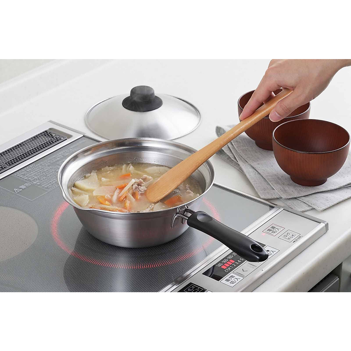 Yoshikawa 1216029 Single-Handed Pot, Gas Flame and Induction Compatible, 7.1 inches (18 cm), Donburi Ramen, Stainless Steel, Made in Japan, Pot, Deep Spout Included, For One Person
