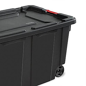 Sterilite 40 Gal Wheeled Industrial Tote, Stackable Storage Bin with Latch Lid, Plastic Container with Heavy Duty Latches, Black Base and Lid, 4-Pack