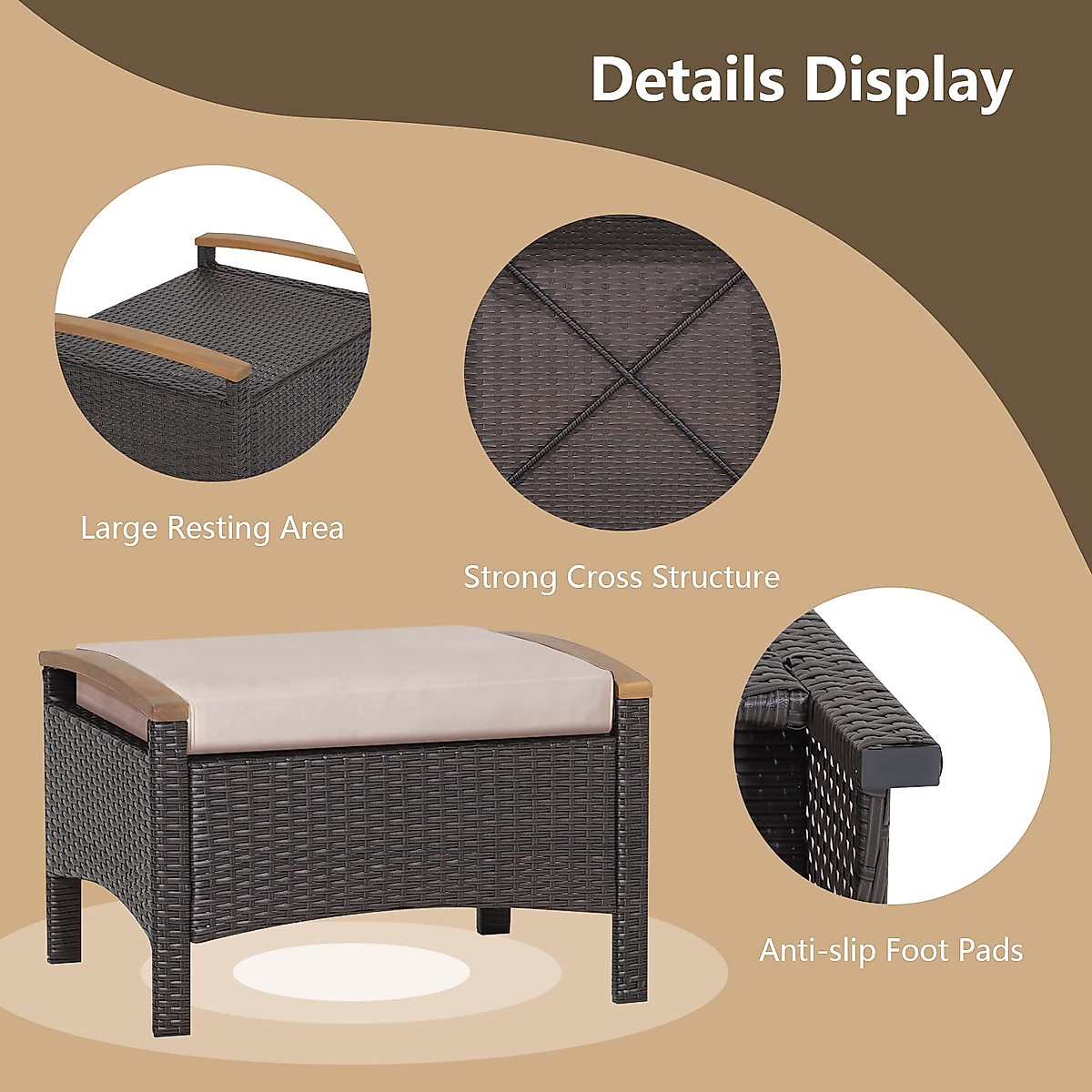 RELAX4LIFE Outdoor Wicker Ottomans for Patio - 2 Pieces PE Rattan Ottoman, Footrest Seat with Zippered Cushions, Acacia Wood Handles, 3-in-1 Footstool, Side Table for Poolside, Backyard (Brown)