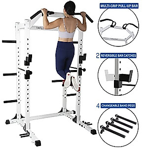 body power], 1st Gen Sturdy Deluxe Rack Cage with Accessories, Power Rack, Power Tower, Pull-Up Bar, Squat Rack, Attachments, Safety Bars, Built-in Floor-Mount Anchors, White, SMU6200