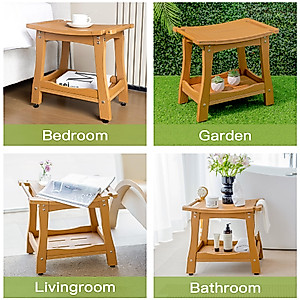 Y&M 2-Tier Bathroom Shower Bench with Waterproof Storage Shelf, HDPE Towel & Shower Head Shelves Curved Seat, Small Tub Chair for Shaving Legs Foot Stool, Bath, Spa, Indoor or Outdoor Use, Teak