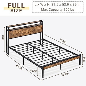 Zevemomo Full Bed Frame with 2-Tier Storage Headboard and Power Outlets, USB Ports Charging Station, Heavy Duty Metal Platform Bed Frame 800 LBS Weight Capacity, Noise-Free & No Box Spring Needed