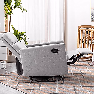 P PURLOVE Modern Upholstered Rocker Chair with Adjustable Backrest and Retractable Footrest, 360° Glider Swivel Recliner Chair, Glider Chair Easy to Assemble and Clean, Gray
