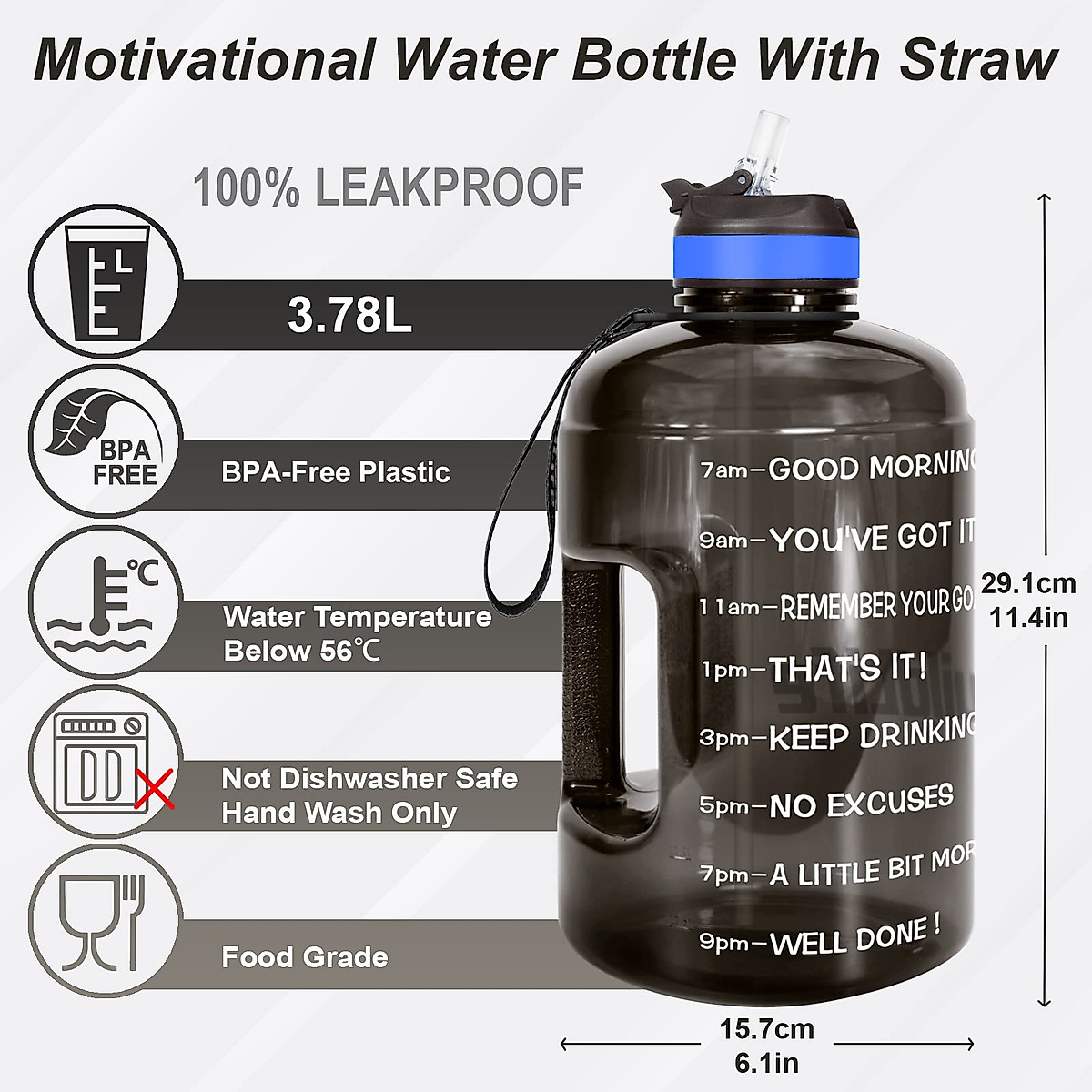 BuildLife 1 Gallon Water Bottle with Time Marker and Straw –Large Water Bottle- Motivational Water Bottles with Times to Drink, Leak Proof BPA Free(Black, 1 Gallon)