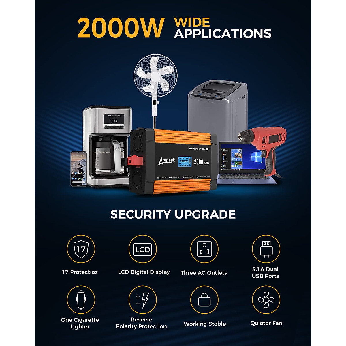 Ampeak 2000W Power Inverter with Remote 3AC Outlets 6.2A USB Ports Inverter DC 12V to AC 110V 17 Protections Inverter for Vehicles