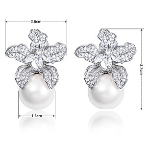 Blooming Flower Drop Cubic Zirconia Big Round Pearl Stud Earrings for Wedding Ceremony Chic Accessories (Silver)
