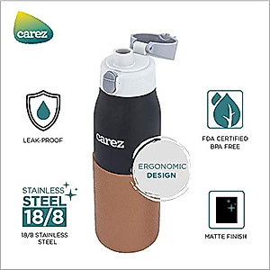 CAREZ SUPERLIGHT Insulated Stainless Steel 100% BPA-Free Leakproof Water Bottle for Office, Gym, Travels with Temperature Retention - Superlight, Anti-slippery, Vacuum Flask (Black Onyx)