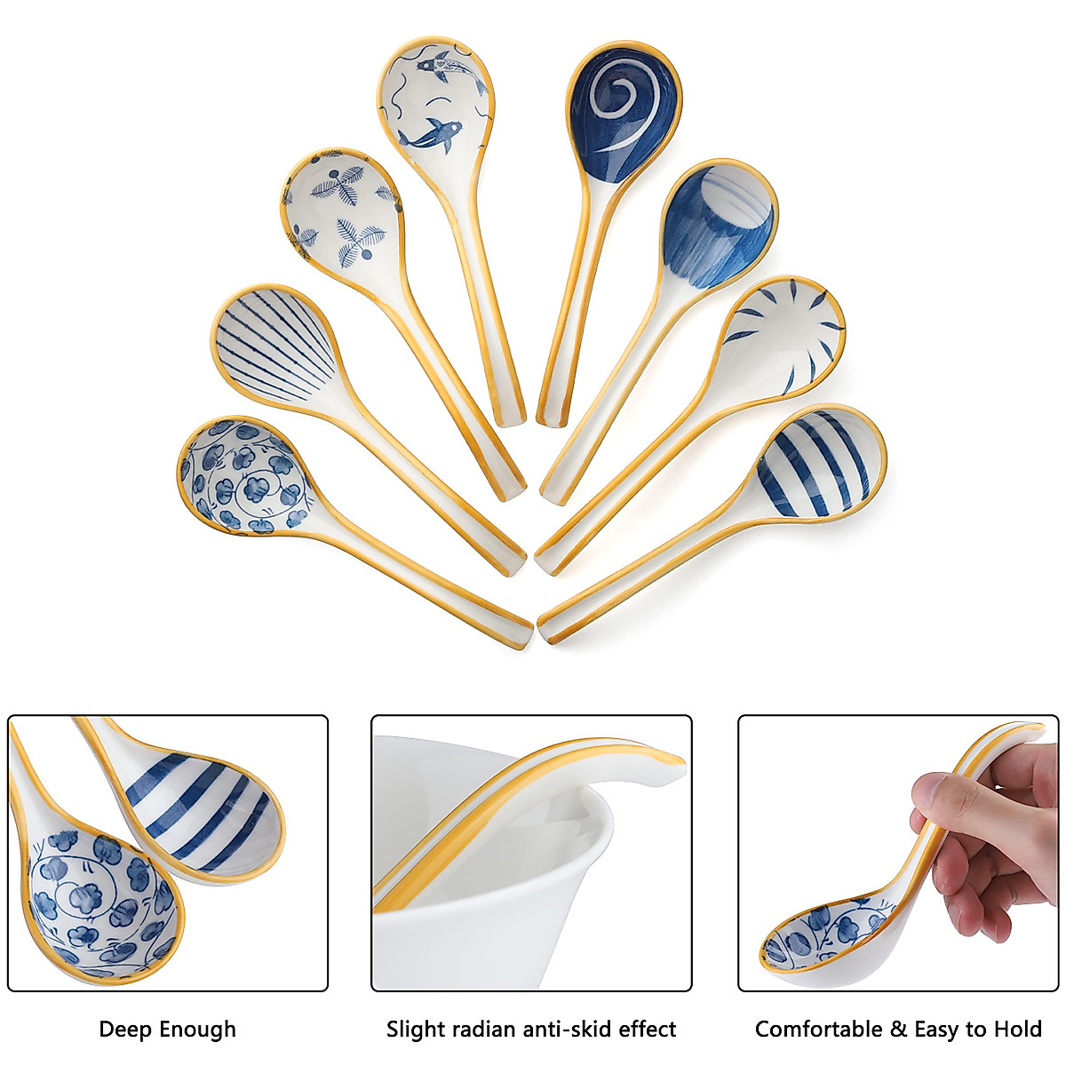 Soup Spoons Ceramic Large Asian Soup Spoon Set of 8 Ramen Spoons Korean Style Long Handle Spoons for Pho Noodles Dumpling Miso Dessert Cereal (Style 1)